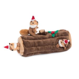 zippypaws holiday burrow interactive dog toys - hide and seek dog toys and puppy toys, colorful squeaky dog toys, and plush dog puzzles, yule log