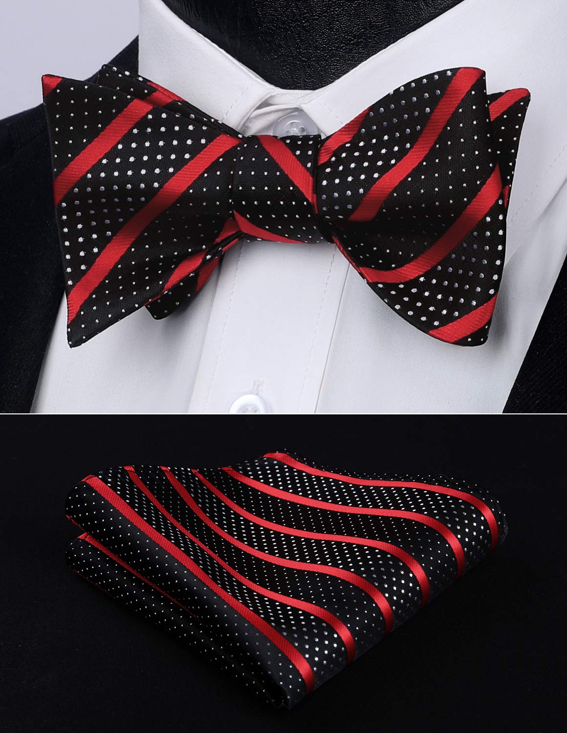 HISDERN Bow Ties for Men Red Bow Tie Self Tie Stripe Bowtie Handkerchief Set Adjustable Formal Tuxedo Black Polka Dot Bowties & Pocket Square Wedding