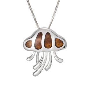 aloha jewelry company sterling silver koa wood jellyfish necklace pendant with 18" box chain