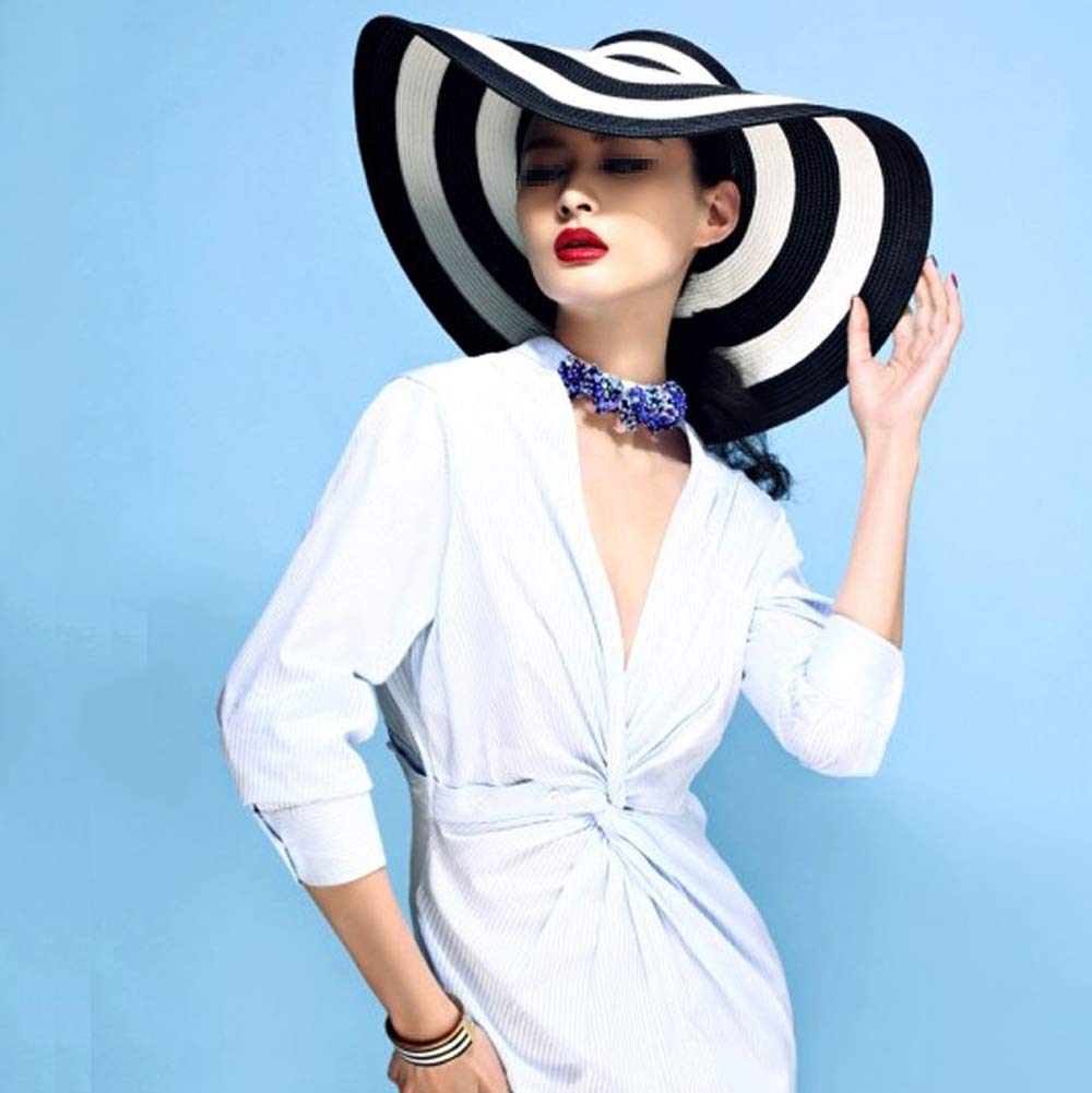 Women's Beachwear Sun Hat Black and White Striped Straw Hat Floppy Beach Hat Foldable Wide Brim Cap