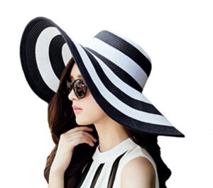 women's beachwear sun hat black and white striped straw hat floppy beach hat foldable wide brim cap