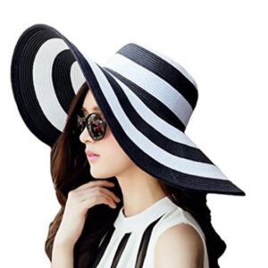 Women's Beachwear Sun Hat Black and White Striped Straw Hat Floppy Beach Hat Foldable Wide Brim Cap