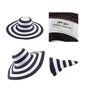 Women's Beachwear Sun Hat Black and White Striped Straw Hat Floppy Beach Hat Foldable Wide Brim Cap