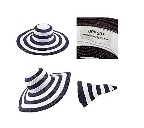 Women's Beachwear Sun Hat Black and White Striped Straw Hat Floppy Beach Hat Foldable Wide Brim Cap