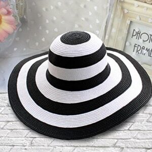 Women's Beachwear Sun Hat Black and White Striped Straw Hat Floppy Beach Hat Foldable Wide Brim Cap