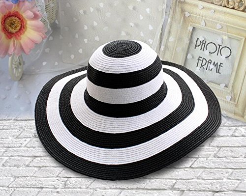 Women's Beachwear Sun Hat Black and White Striped Straw Hat Floppy Beach Hat Foldable Wide Brim Cap