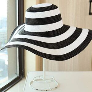 Women's Beachwear Sun Hat Black and White Striped Straw Hat Floppy Beach Hat Foldable Wide Brim Cap