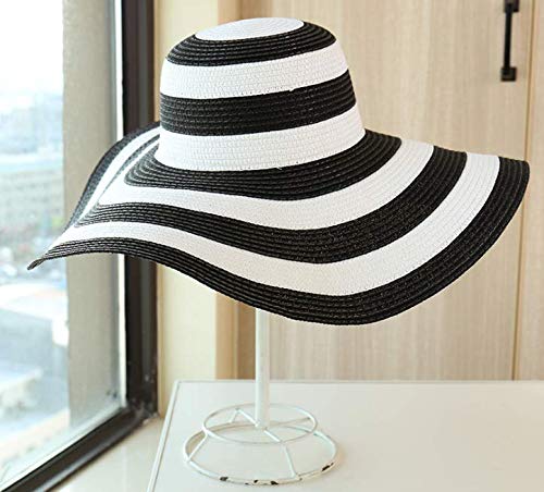 Women's Beachwear Sun Hat Black and White Striped Straw Hat Floppy Beach Hat Foldable Wide Brim Cap