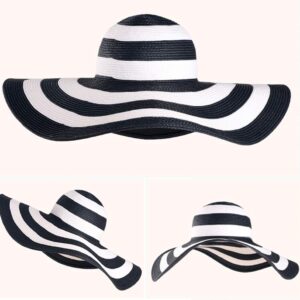 Women's Beachwear Sun Hat Black and White Striped Straw Hat Floppy Beach Hat Foldable Wide Brim Cap