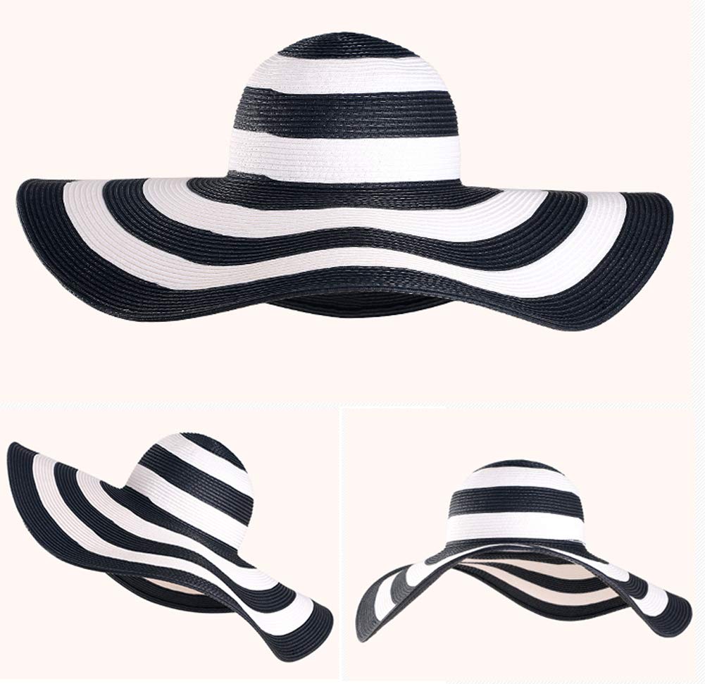 Women's Beachwear Sun Hat Black and White Striped Straw Hat Floppy Beach Hat Foldable Wide Brim Cap