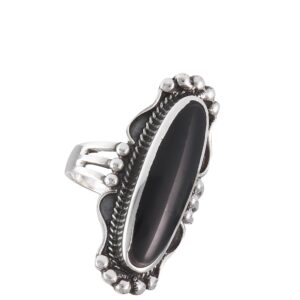 Long Simulated Black Onyx Bali Rope Halo Beaded Ring .925 Sterling Silver Band Size 9