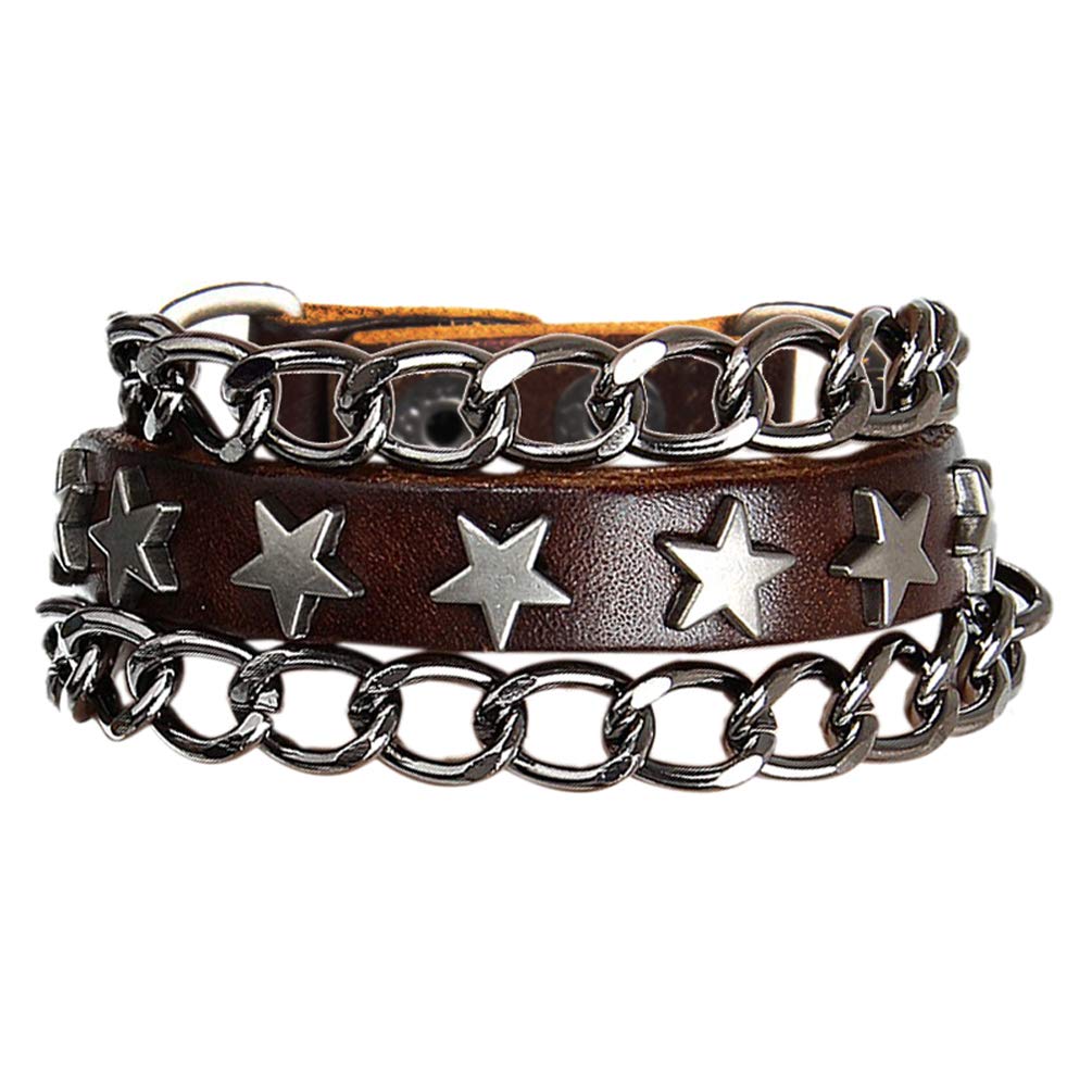 Xusamss Hip Hop Rivet Chain Leather Bracelet Alloy Star Cuff Bracelet,7.5inches