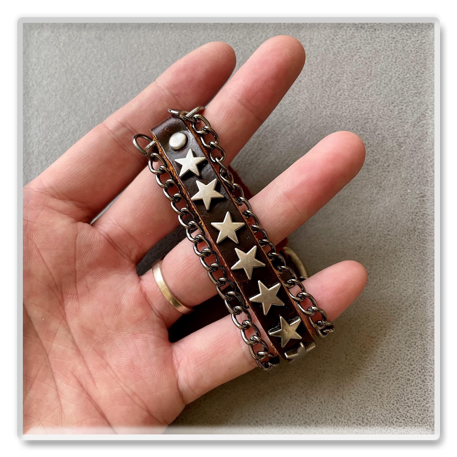 Xusamss Hip Hop Rivet Chain Leather Bracelet Alloy Star Cuff Bracelet,7.5inches