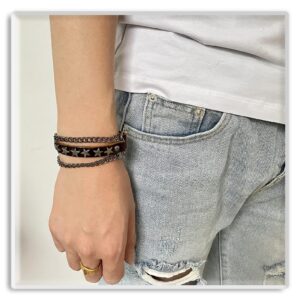 Xusamss Hip Hop Rivet Chain Leather Bracelet Alloy Star Cuff Bracelet,7.5inches