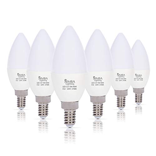 Simba Lighting LED Candelabra Light Bulbs B11 (C37) Candle Shape E12 Base (6 Pack) | Decorative 5W 40W Replacement 110V, 120V for Chandelier, Ceiling Fan, PC Cover, Non-Dimmable, Warm White 2700K