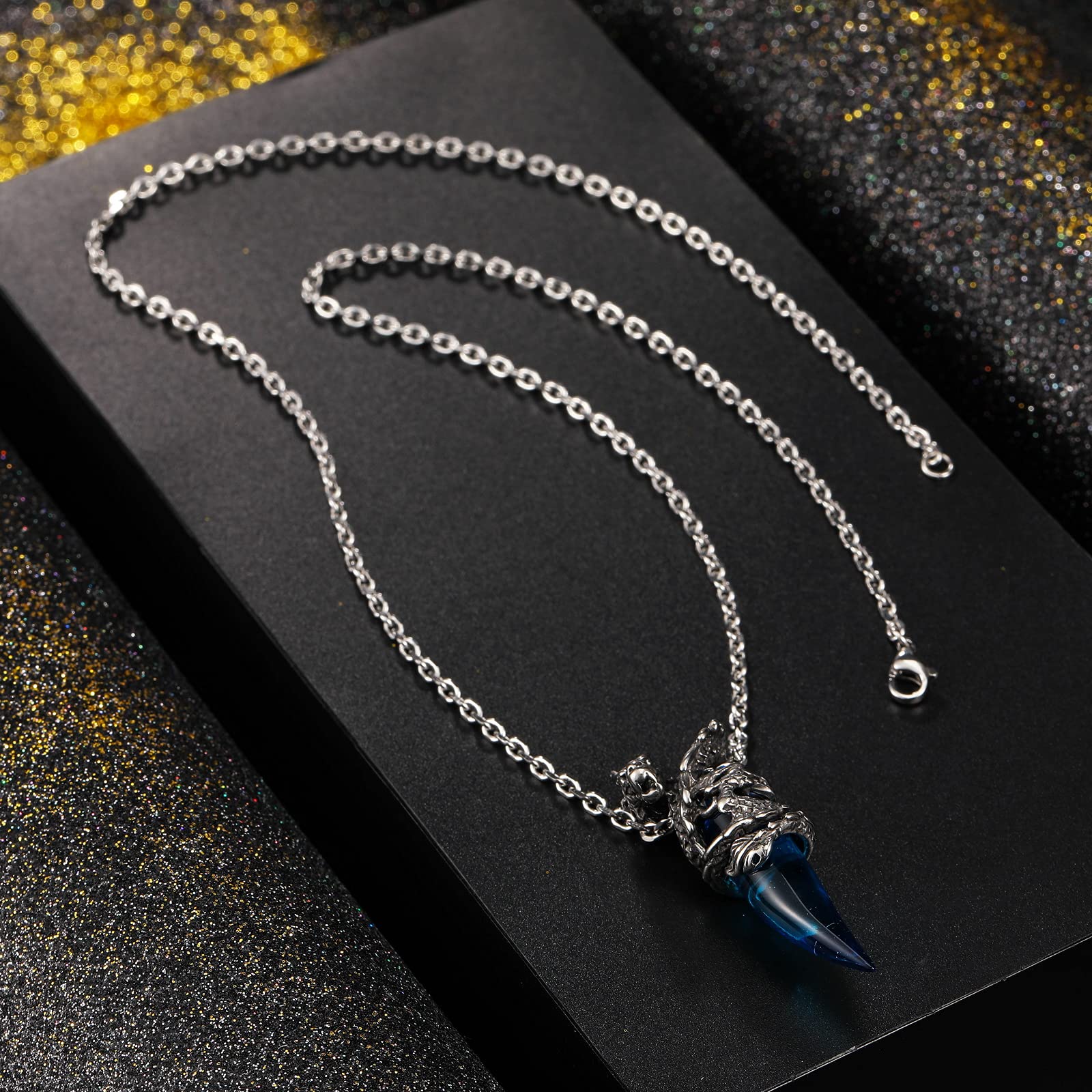 INBLUE Dragon Wolf Tooth Pendant for Men Women Stainless Steel Cool Necklaces Simulate Crystal Gemstone Gifts Jewelry with 23 Inches Chain (Dragon, Blue)