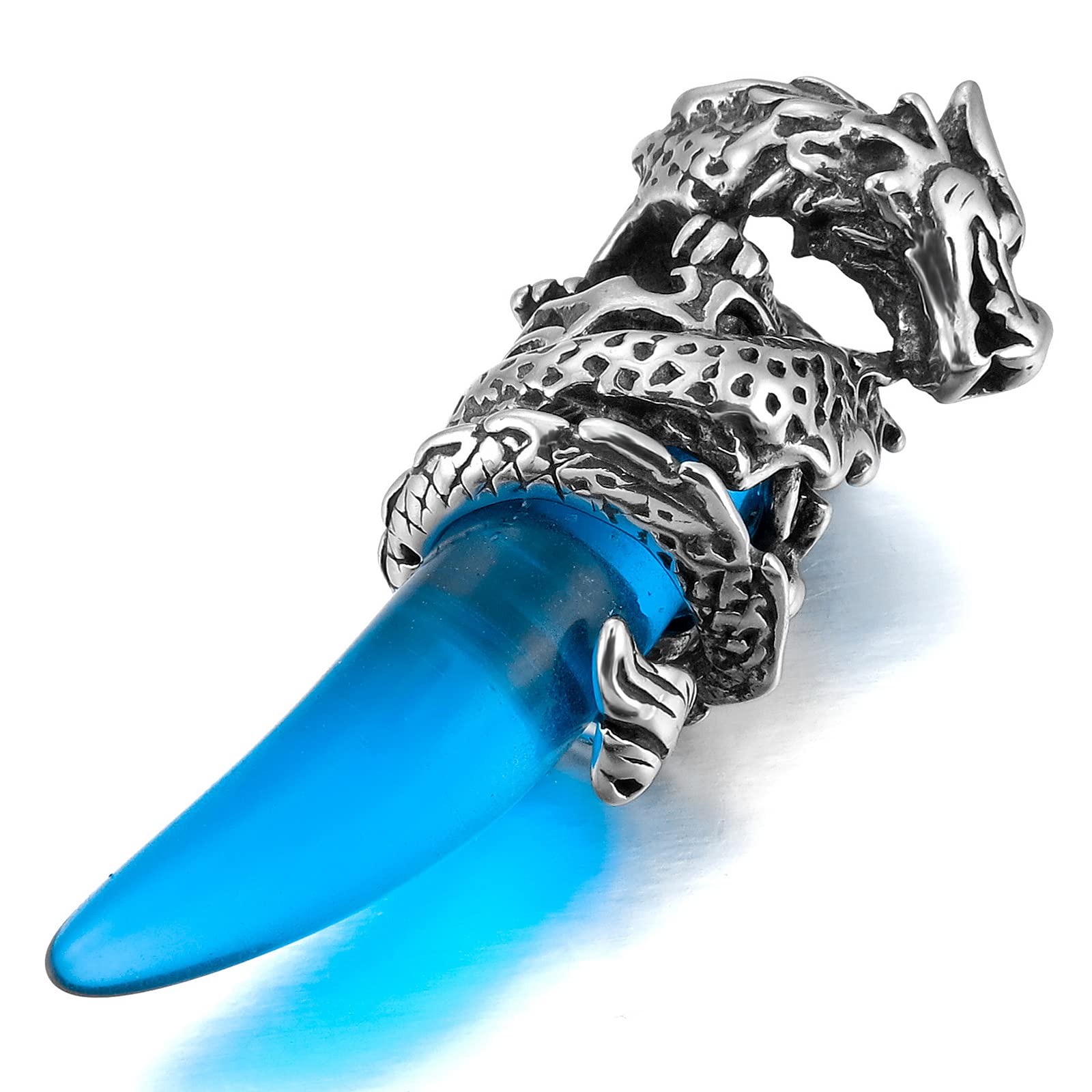 INBLUE Dragon Wolf Tooth Pendant for Men Women Stainless Steel Cool Necklaces Simulate Crystal Gemstone Gifts Jewelry with 23 Inches Chain (Dragon, Blue)