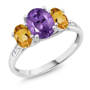 gem stone king 10k white gold purple amethyst yellow citrine and white diamond oval 3-stone engagement ring for women (1.80 cttw, gemstone february birthstone, available in size 5, 6, 7, 8, 9)