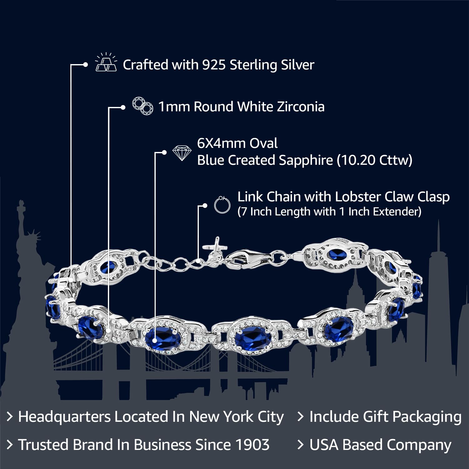 Gem Stone King 925 Sterling Silver Blue Created Sapphire Tennis Bracelet For Women (10.20 Cttw, Oval 6X4MM, 7 Inch With 1 Inch Extender)