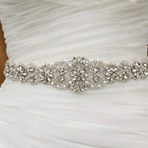 Crystal Rhinestone Appliques, 34.3 x 1.9 in, Pearls Beaded Embellishments Trim Handcrafted Elegant Sewing Hot fix for DIY Wedding Bridal Belts Sashes Prom Dresses - Silver