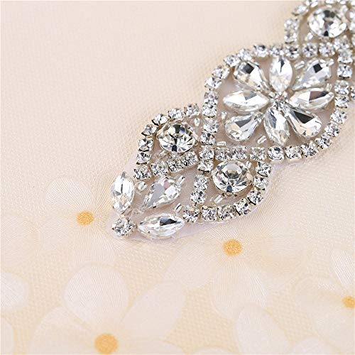 Crystal Rhinestone Appliques, 34.3 x 1.9 in, Pearls Beaded Embellishments Trim Handcrafted Elegant Sewing Hot fix for DIY Wedding Bridal Belts Sashes Prom Dresses - Silver