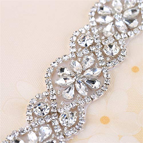 Crystal Rhinestone Appliques, 34.3 x 1.9 in, Pearls Beaded Embellishments Trim Handcrafted Elegant Sewing Hot fix for DIY Wedding Bridal Belts Sashes Prom Dresses - Silver