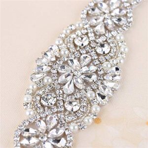 Crystal Rhinestone Appliques, 34.3 x 1.9 in, Pearls Beaded Embellishments Trim Handcrafted Elegant Sewing Hot fix for DIY Wedding Bridal Belts Sashes Prom Dresses - Silver