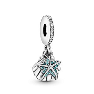 pandora jewelry starfish and sea shell dangle cubic zirconia charm in sterling silver, no box