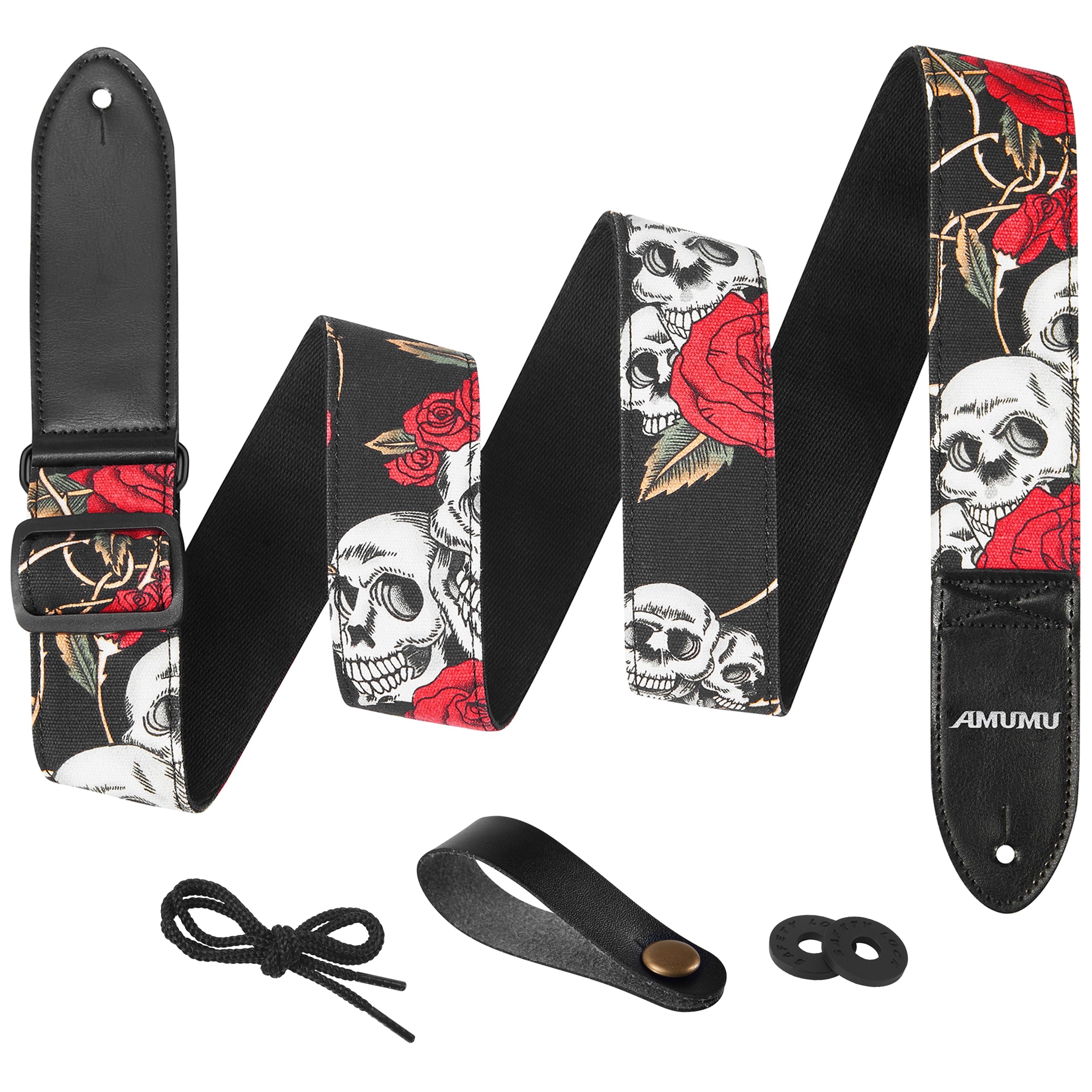 Amumu Rose SKull Guitar Strap -Extra-Long Leather Ends. Ideal for Electric and Acoustic Guitars, Bass Accessories.