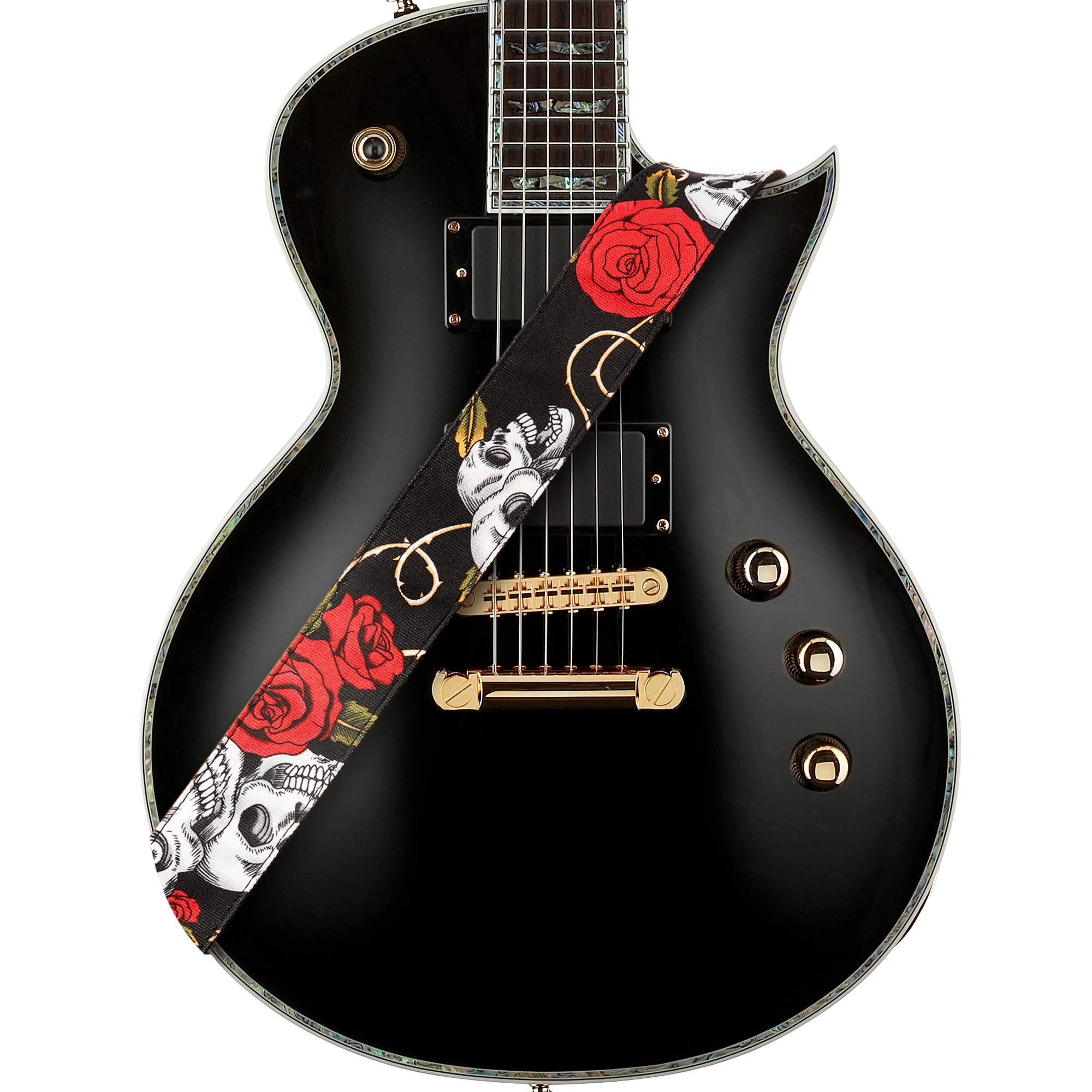 Amumu Rose SKull Guitar Strap -Extra-Long Leather Ends. Ideal for Electric and Acoustic Guitars, Bass Accessories.