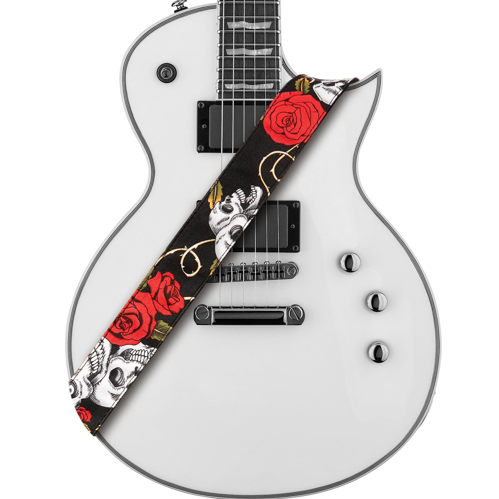 Amumu Rose SKull Guitar Strap -Extra-Long Leather Ends. Ideal for Electric and Acoustic Guitars, Bass Accessories.