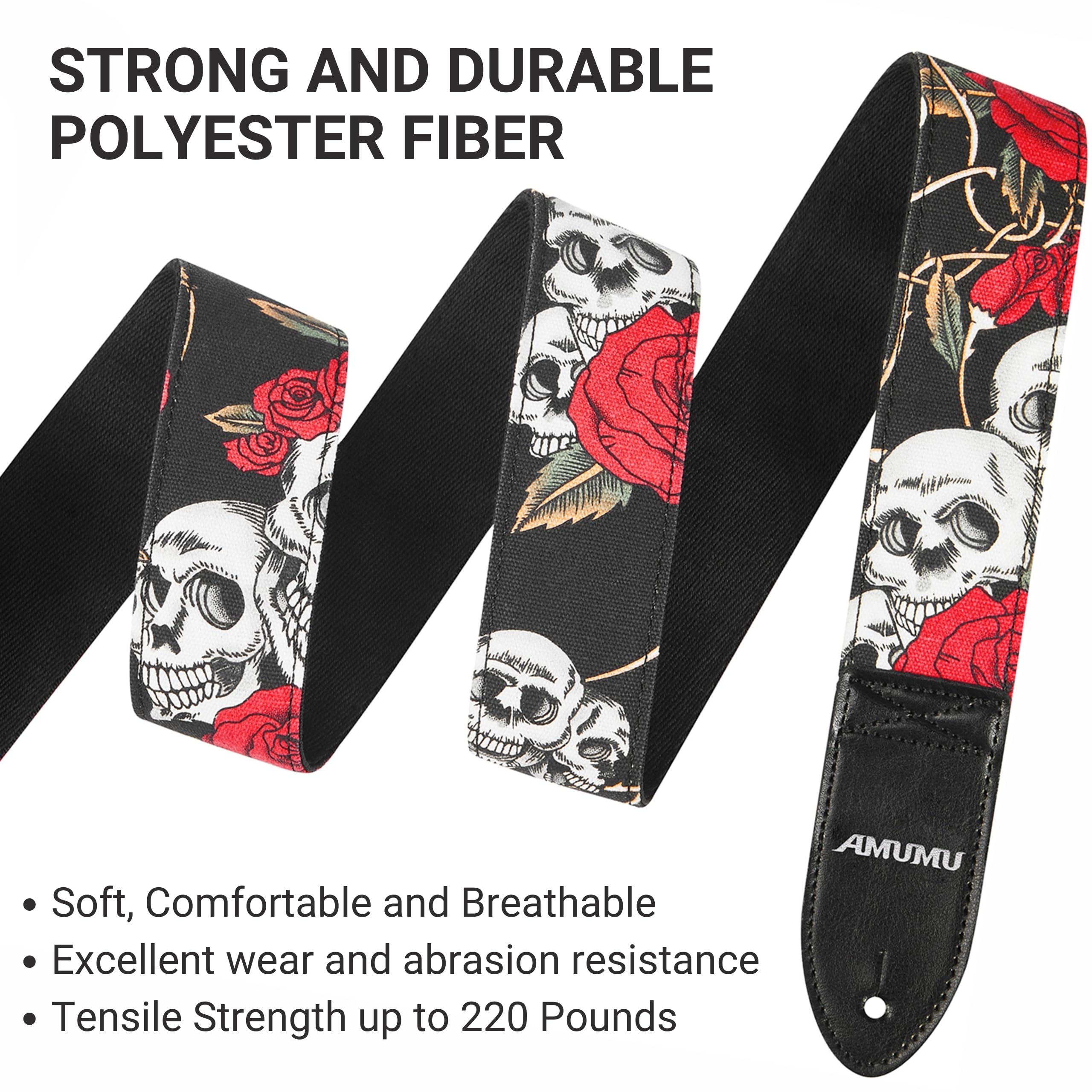 Amumu Rose SKull Guitar Strap -Extra-Long Leather Ends. Ideal for Electric and Acoustic Guitars, Bass Accessories.