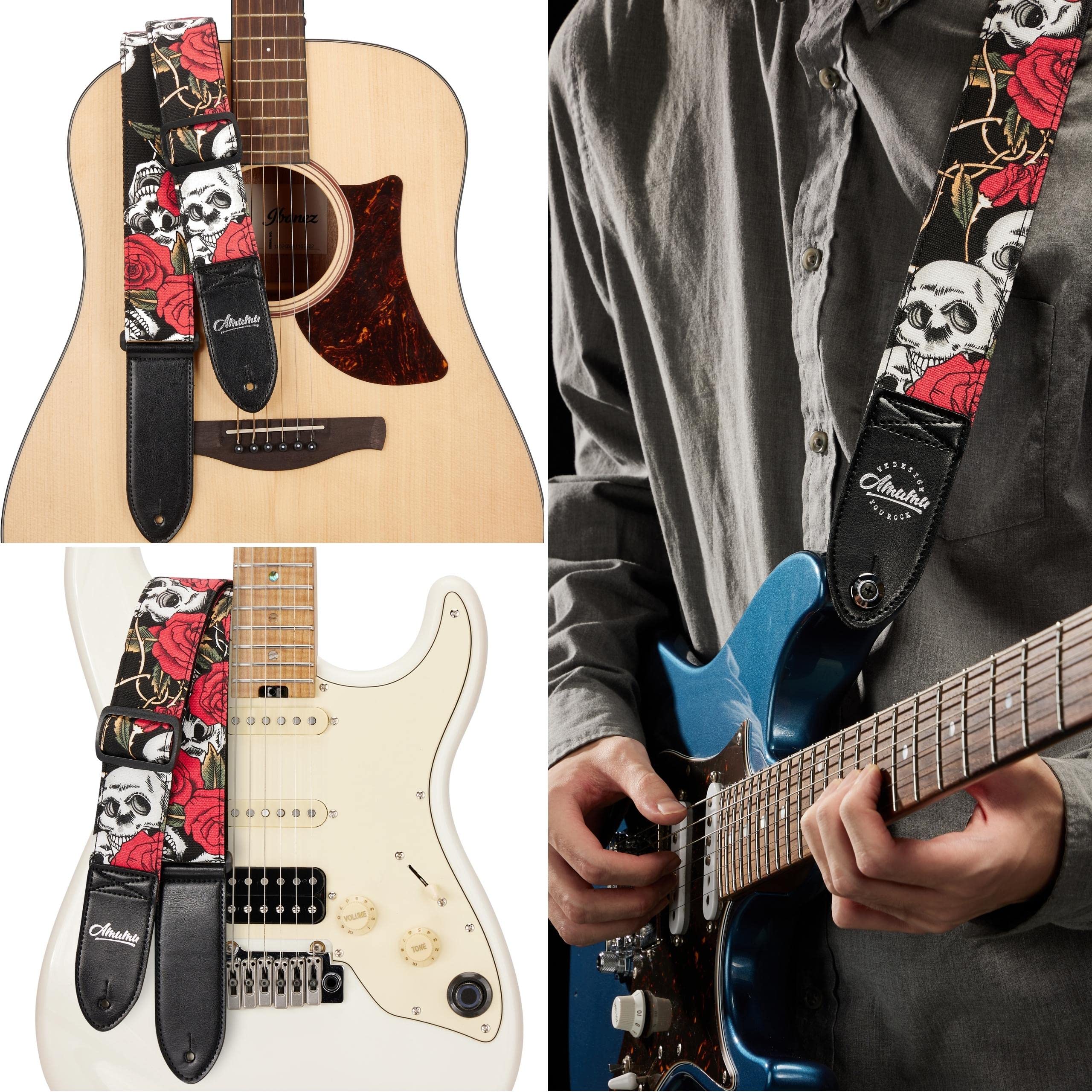 Amumu Rose SKull Guitar Strap -Extra-Long Leather Ends. Ideal for Electric and Acoustic Guitars, Bass Accessories.