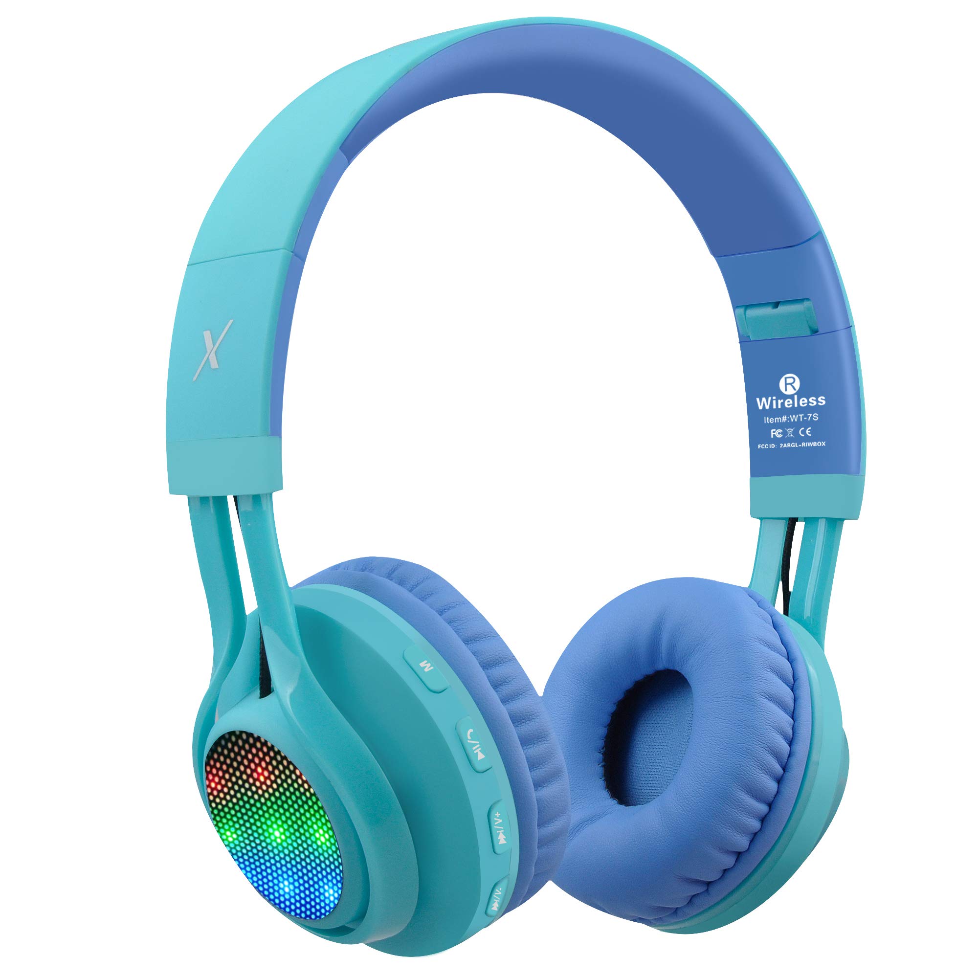 Riwbox WT-7S Kids Bluetooth Headphones, LED Light Up Wireless Foldable Stereo Headset with Microphone and Volume Control for PC/Tablet/TV/Travel (Blue)