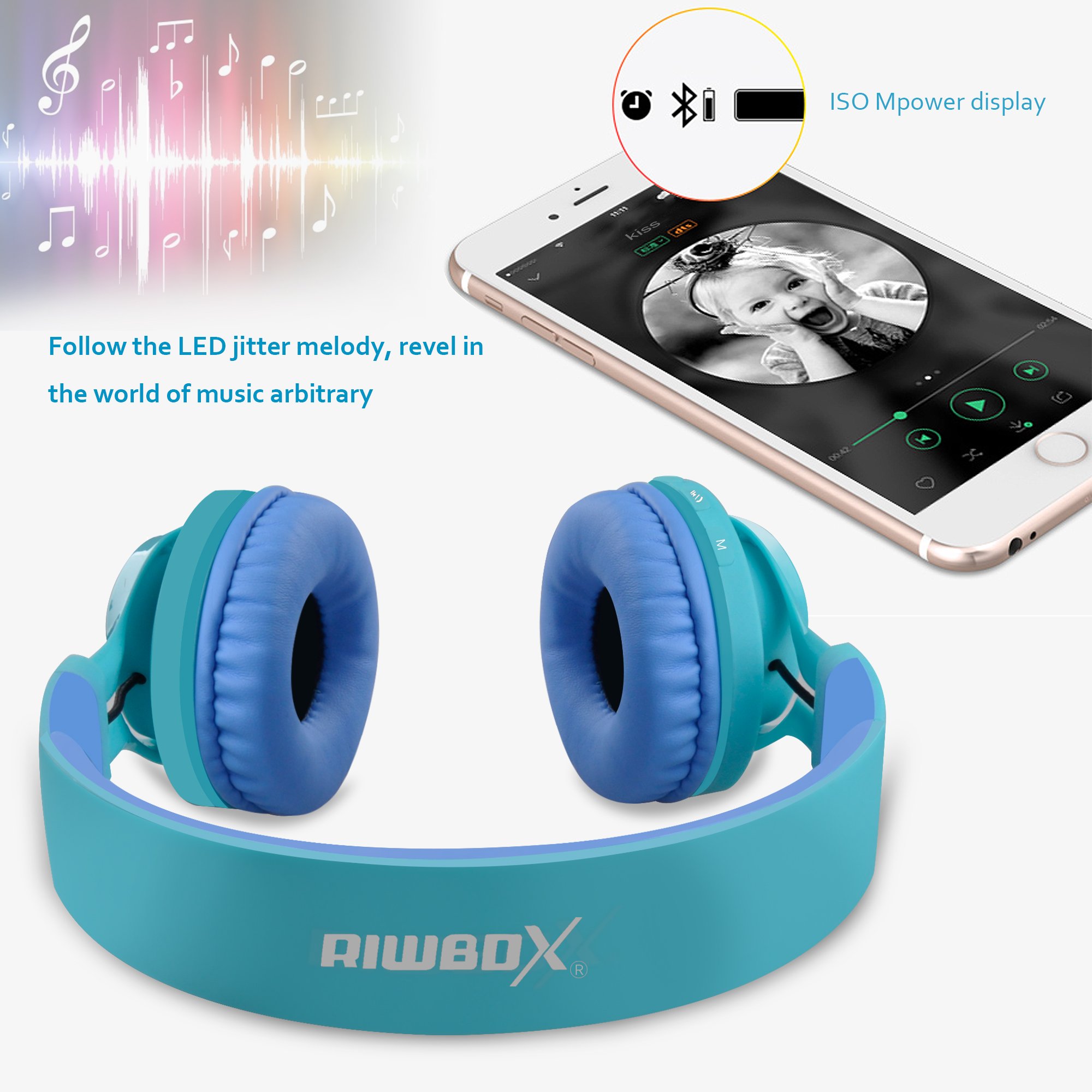 Riwbox WT-7S Kids Bluetooth Headphones, LED Light Up Wireless Foldable Stereo Headset with Microphone and Volume Control for PC/Tablet/TV/Travel (Blue)