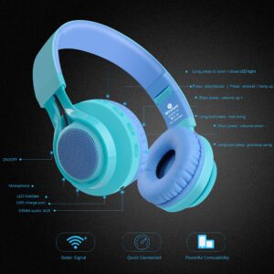 Riwbox WT-7S Kids Bluetooth Headphones, LED Light Up Wireless Foldable Stereo Headset with Microphone and Volume Control for PC/Tablet/TV/Travel (Blue)