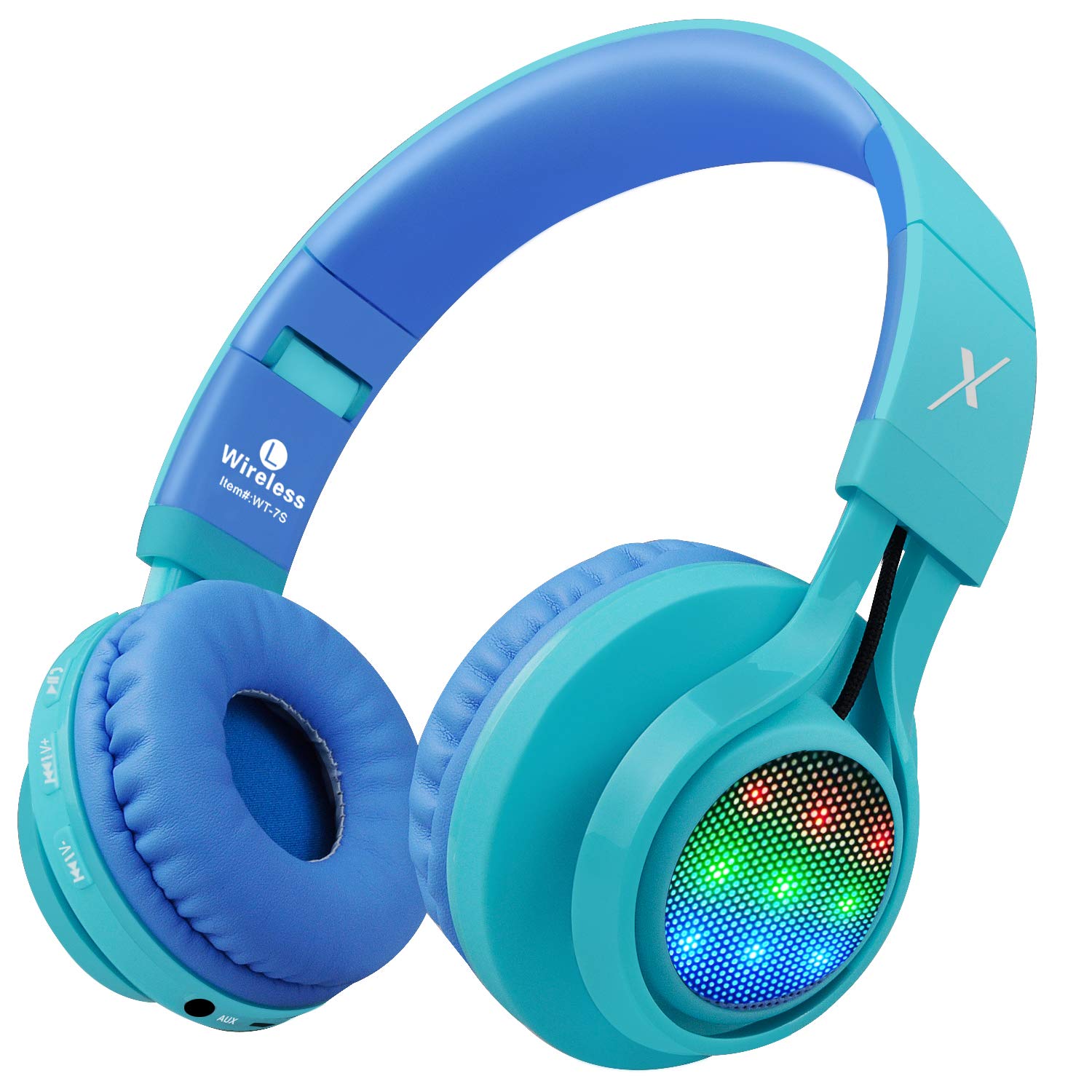 Riwbox WT-7S Kids Bluetooth Headphones, LED Light Up Wireless Foldable Stereo Headset with Microphone and Volume Control for PC/Tablet/TV/Travel (Blue)