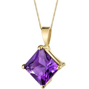 peora solid 14k yellow amethyst pendant for women, 2 carats princess cut 8mm, genuine gemstone birthstone solitaire