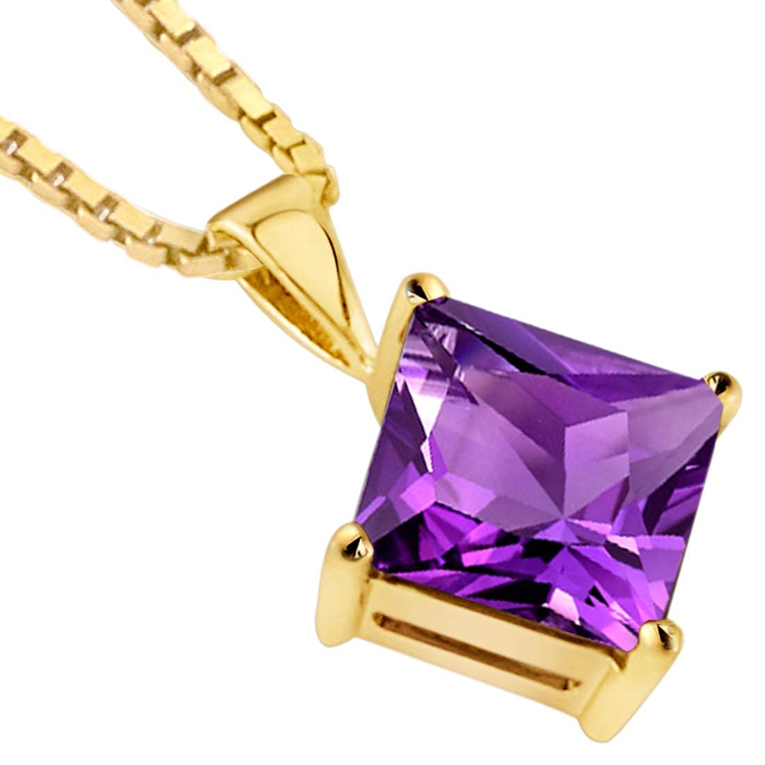 PEORA Solid 14K Yellow Amethyst Pendant for Women, 2 Carats Princess Cut 8mm, Genuine Gemstone Birthstone Solitaire