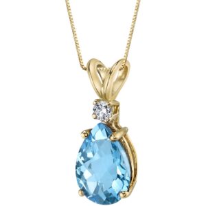 peora 14k yellow gold swiss blue topaz with diamond pendant for women, genuine gemstone birthstone elegant teardrop solitaire, pear shape, 10x7mm, 2.30 carats total