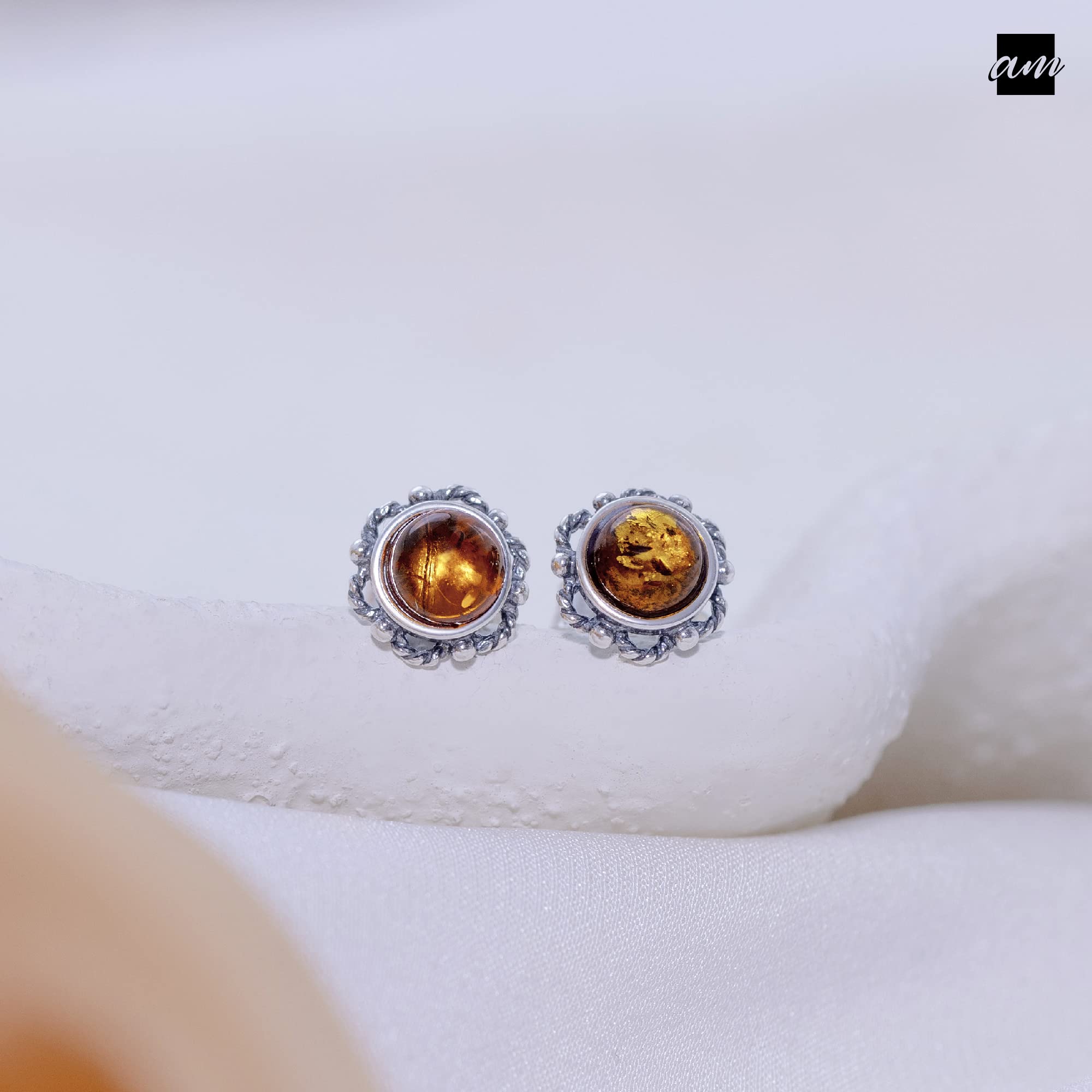 Amberta 925 Sterling Silver with Genuine Baltic Amber - Earrings for Women - Bloom Button Ball - Studs with Honey Stone Color