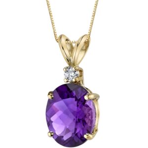 peora 14k yellow gold amethyst and diamond pendant for women, genuine gemstone birthstone elegant solitaire, oval shape, 10x8mm, 2 carats total