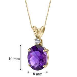 PEORA 14K Yellow Gold Amethyst and Diamond Pendant for Women, Genuine Gemstone Birthstone Elegant Solitaire, Oval Shape, 10x8mm, 2 Carats total