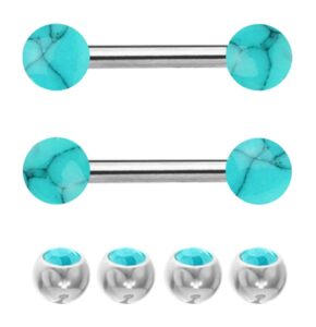 pair of turquoise balls & 4 aqua lt blue gem changeable balls nipple bar rings - 14g