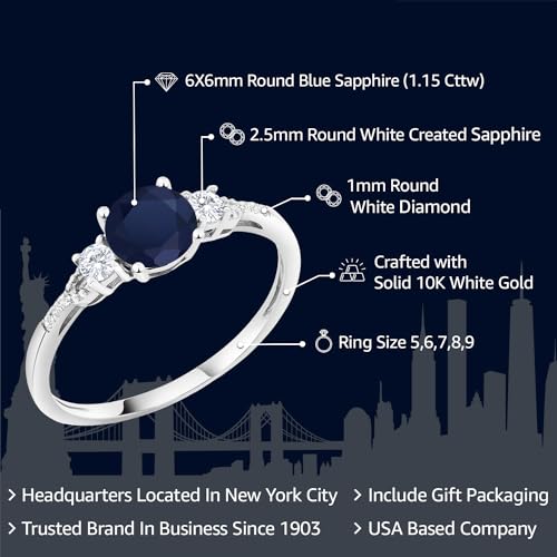 Gem Stone King 10K White Gold 6MM Round Gemstone Birthstone White Created Sapphire & White Diamond Accent 3-Stone Engagement Ring | Three-Stone Wedding Anniversary Promise Ring For Women