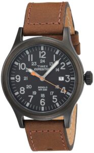 timex men's expedition scout 40mm watch – black case black dial with brown leather strap