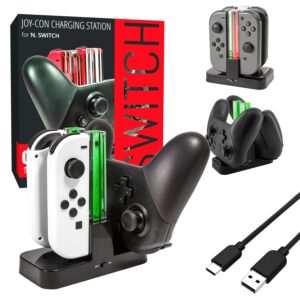 orzly nintendo switch joy con charging dock, pro controller charging station, charge stand becomes charger for upto 4 joycons or nintendo switch pro controller, usb power, type c cable included