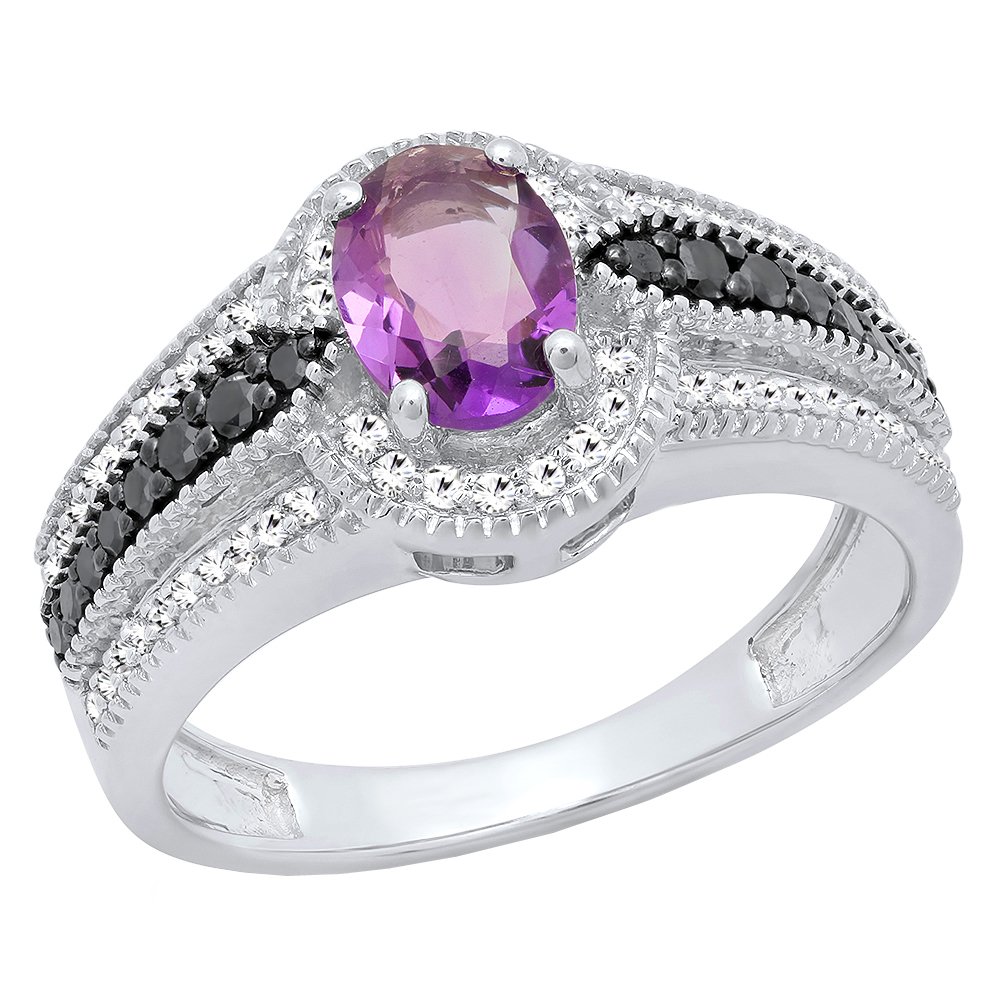 Dazzlingrock Collection Sterling Silver 7X5 Oval Cut Amethyst & Round Black & White Diamond Engagement Ring, Size 5