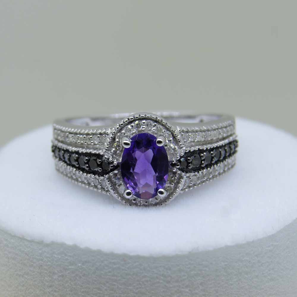 Dazzlingrock Collection Sterling Silver 7X5 Oval Cut Amethyst & Round Black & White Diamond Engagement Ring, Size 5