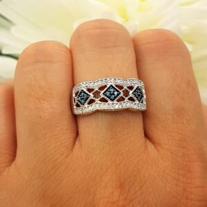 Dazzlingrock Collection 0.35 Carat (ctw) Sterling Silver Round Blue & White Diamond Vintage Wedding Band 1/3 CT, Size 5.5